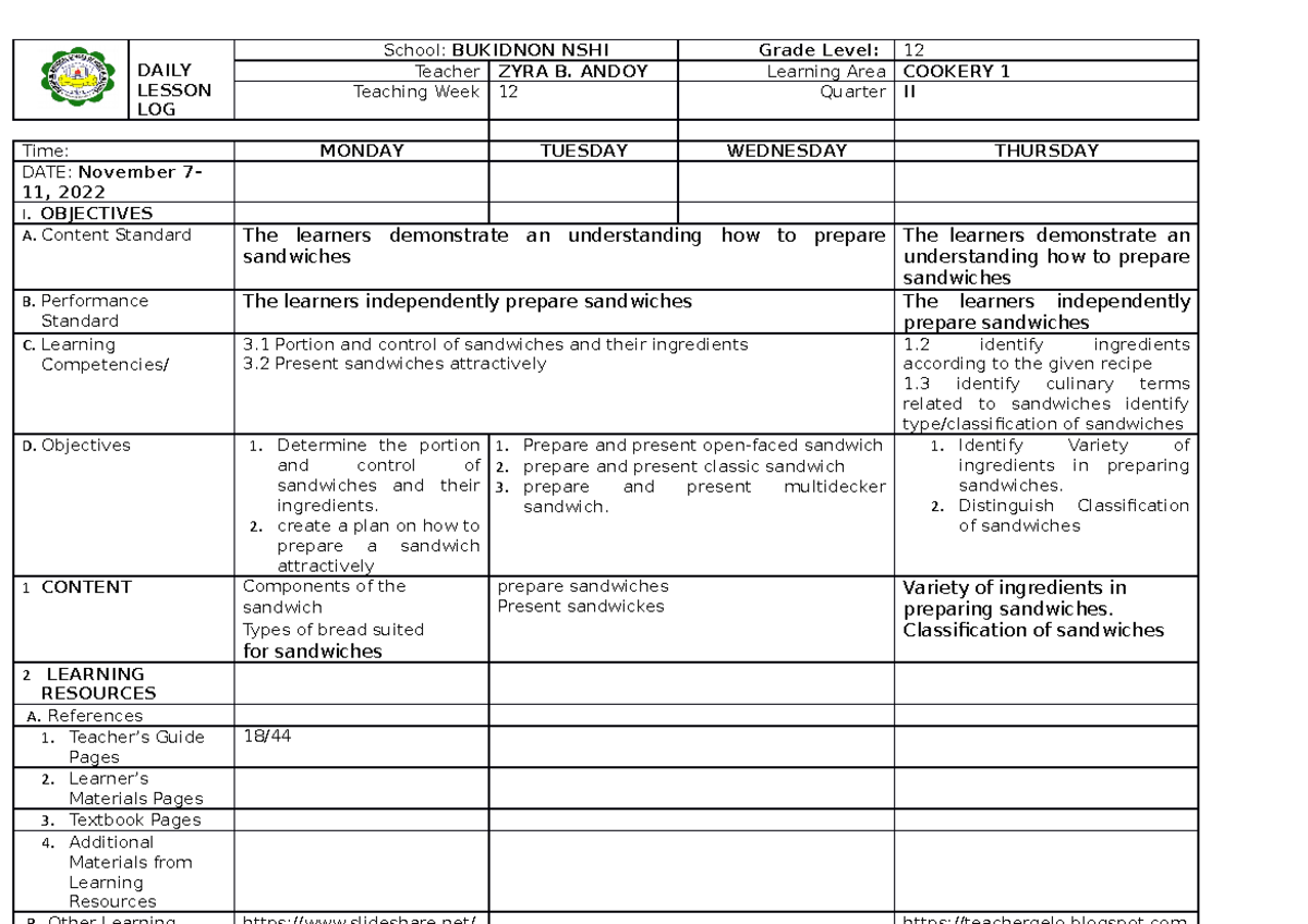 DLL Cookery 1-2 - Practice teaching - DAILY LESSON LOG School: BUKIDNON ...
