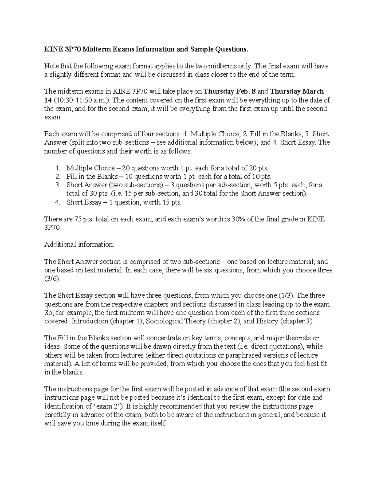 KINE 3P70 Midterm Exams Information and Sample Questions - Note that ...