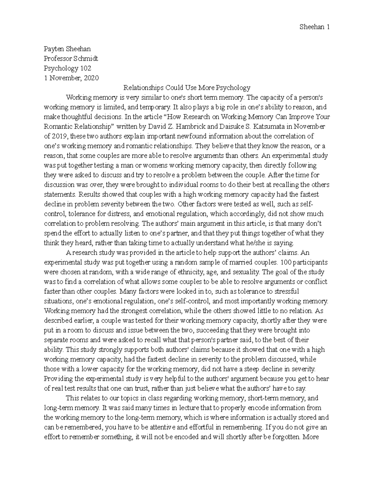 Psych paper article summary 3 - Sheehan 1 Payten Sheehan Professor ...