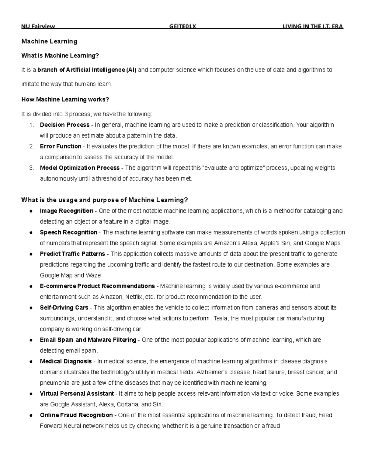Geite 01X Week9 Machine Learning Handouts - Machine Learning What is Machine Learning? It is a ...