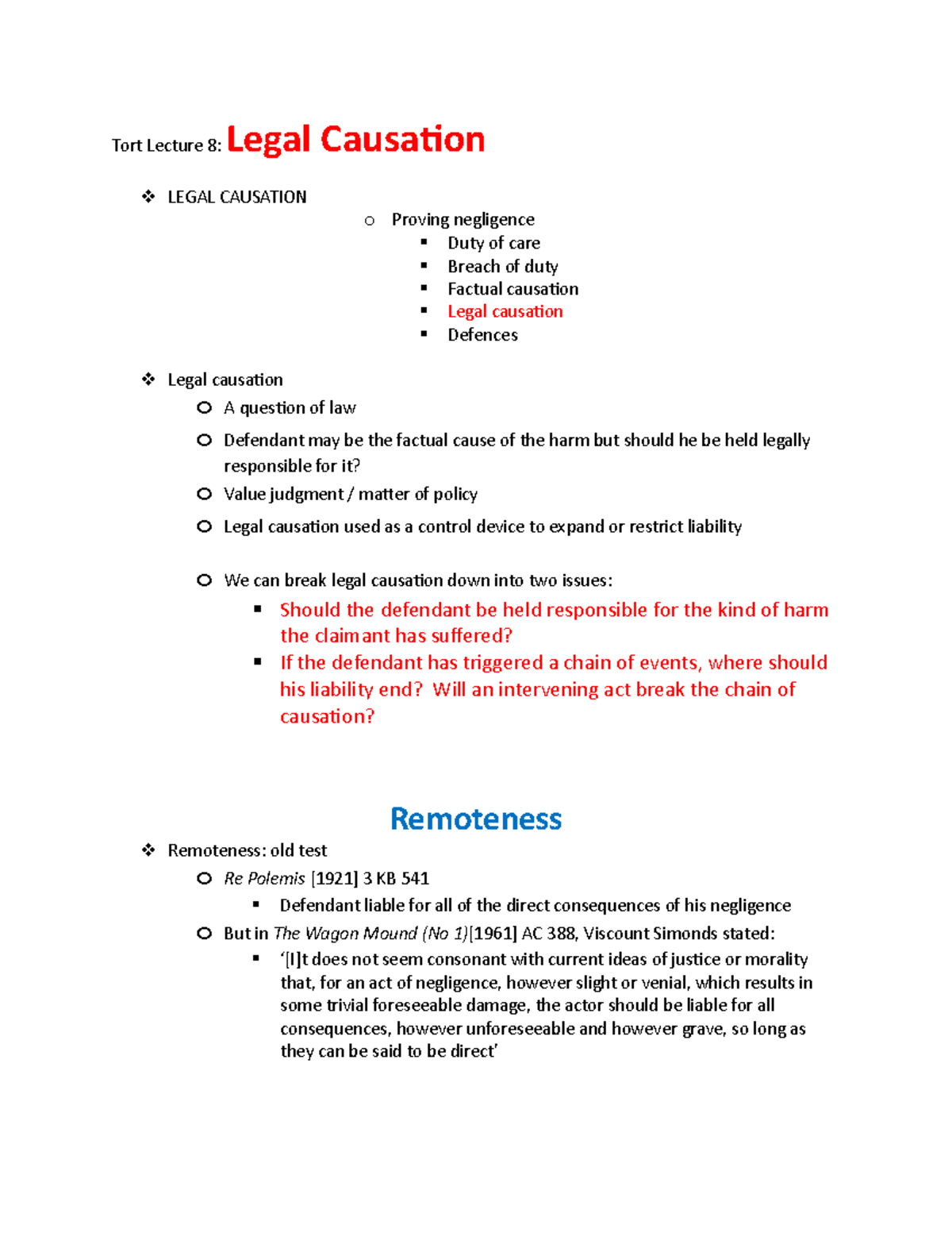 8 - Causation III - Lecture notes 8 - Tort Lecture 8: Legal Causation ...