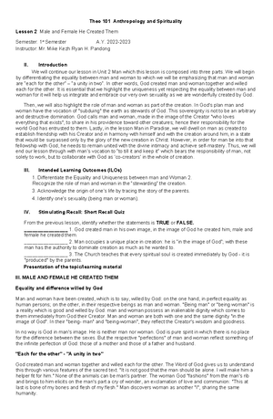 THEO Lesson 1-2 - Lesson 1: Dignity: Man as Created in the Image of God ...