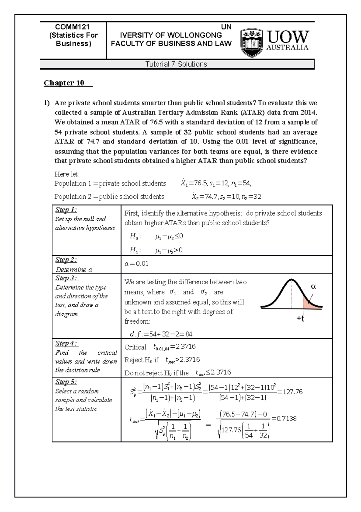 COMM121 07 Solutions Chapter 10 - COMM (Statistics For Business) UN ...