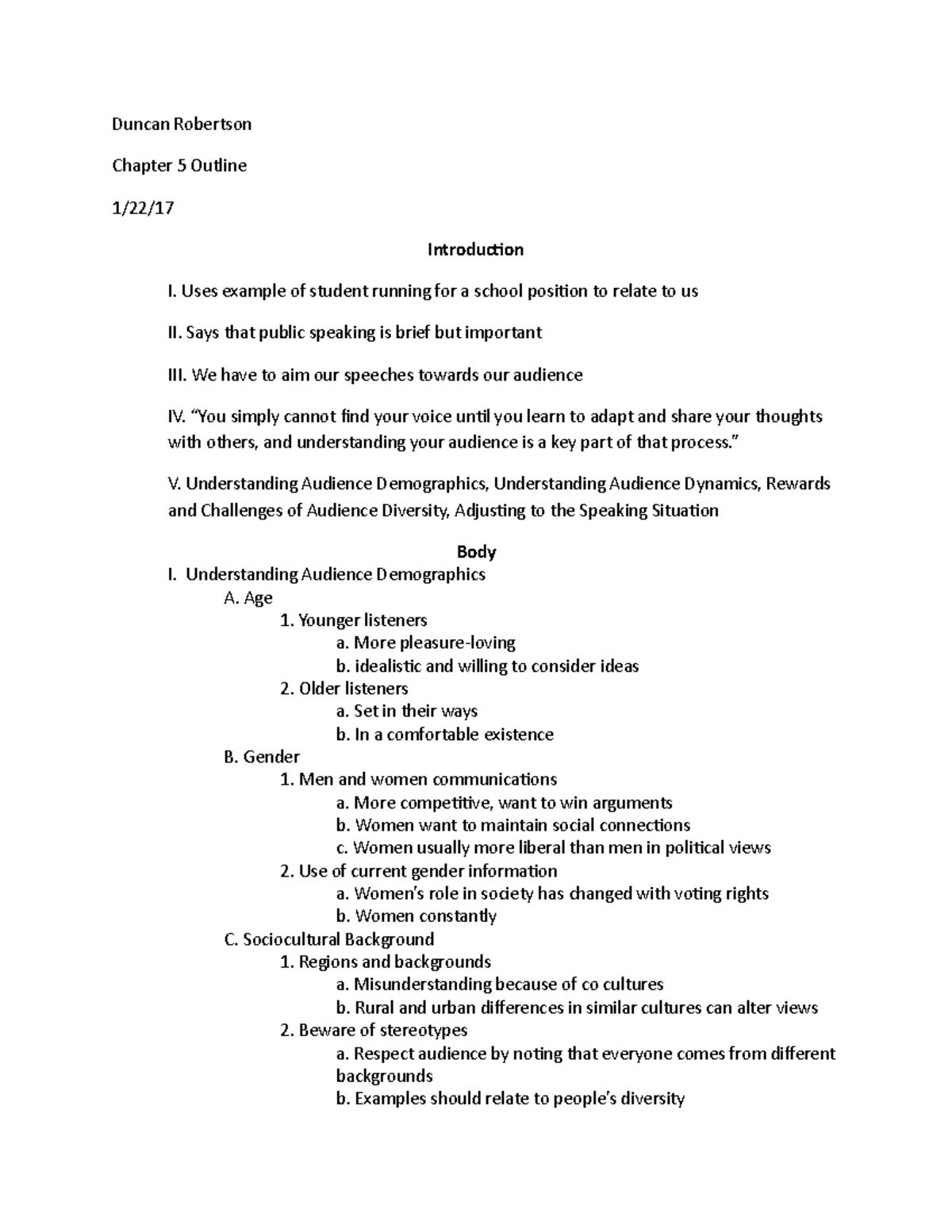 Public speaking ch 5 outline - Duncan Robertson Chapter 5 Outline ...