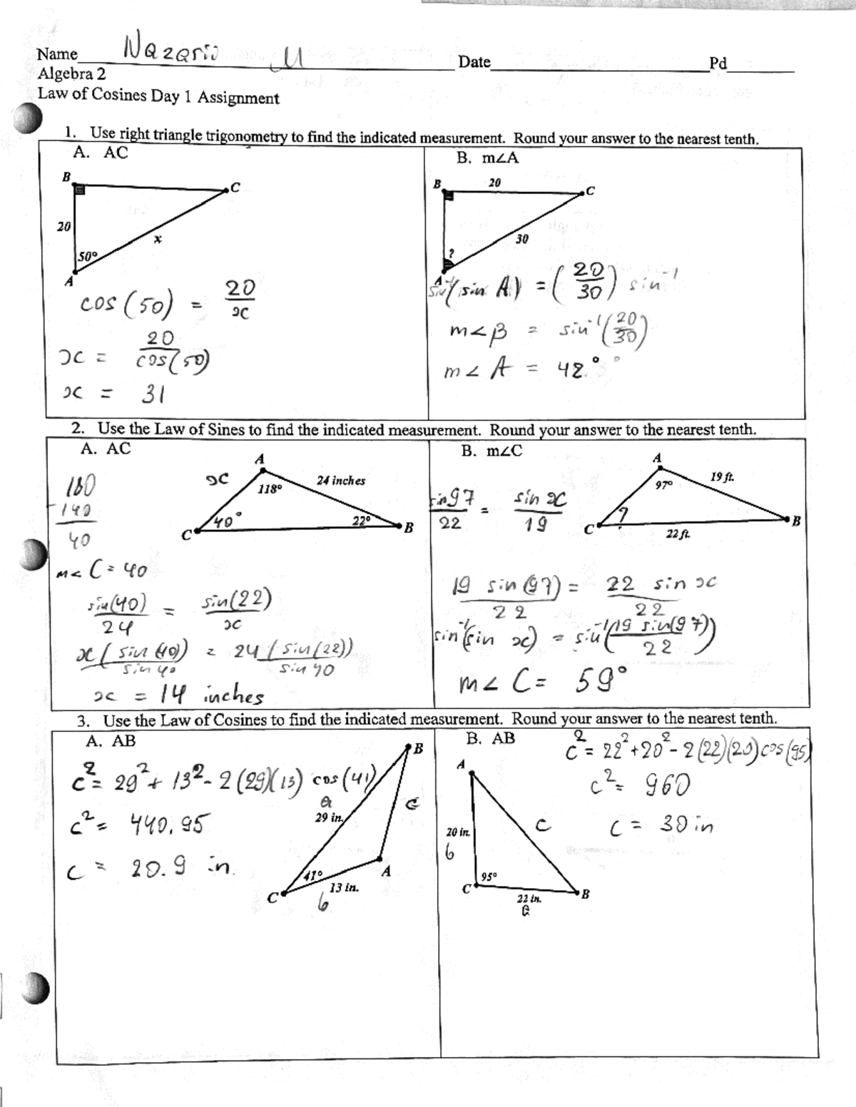 Algebra 2 - Law of Cosines Assignment - Name IJ RZEKi0 Algebra 2 U Law ...