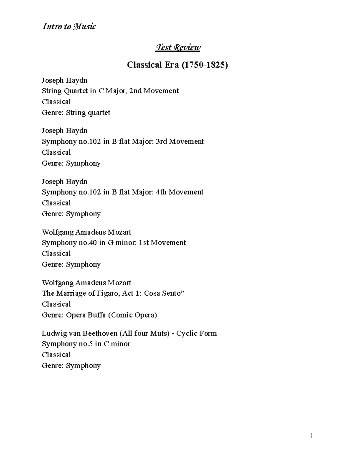 MUS 101 Test Review Part 3 - Intro to Music Test Review Classical Era ...