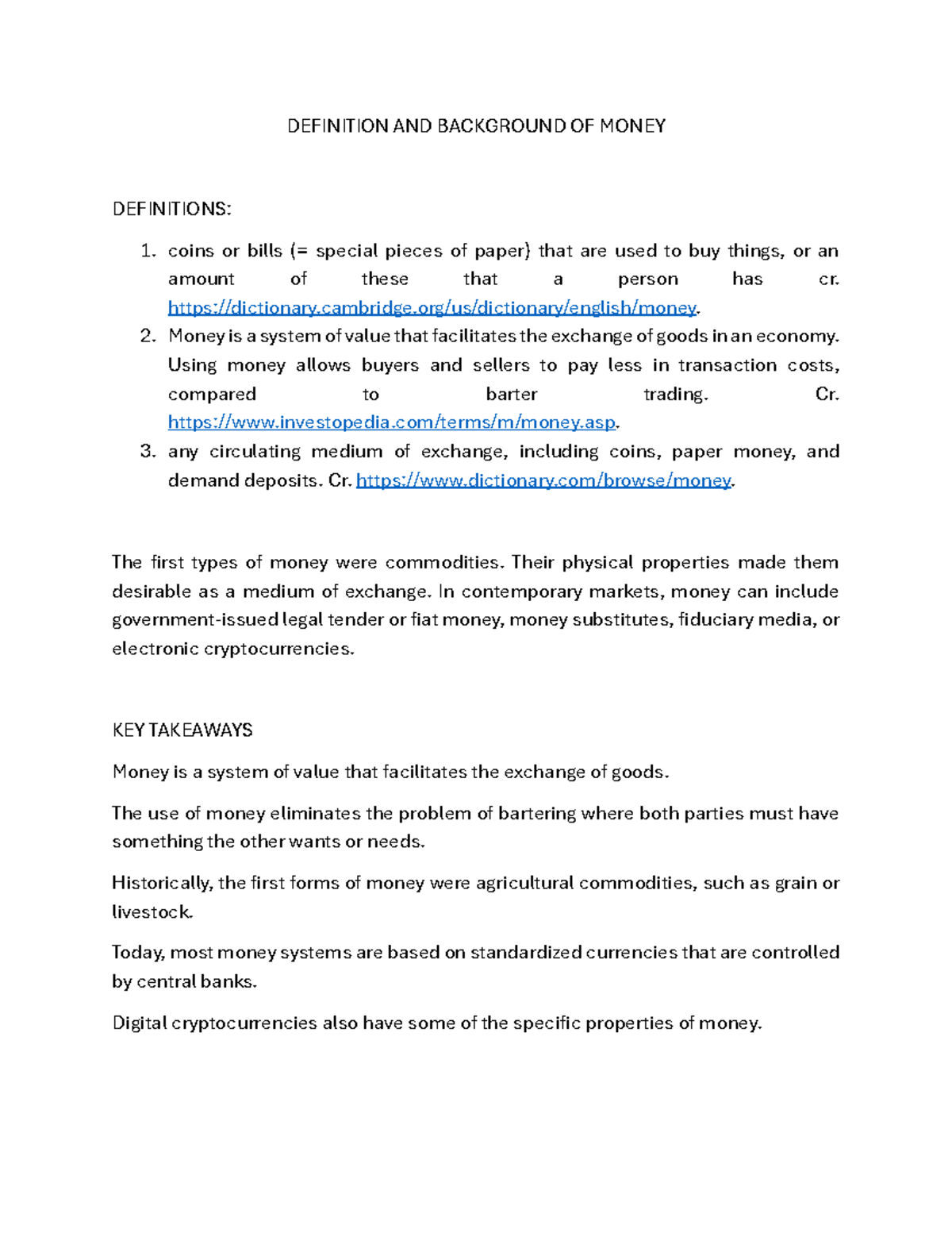 DEFINITION OF MONEY - DEFINITION AND BACKGROUND OF MONEY DEFINITIONS ...