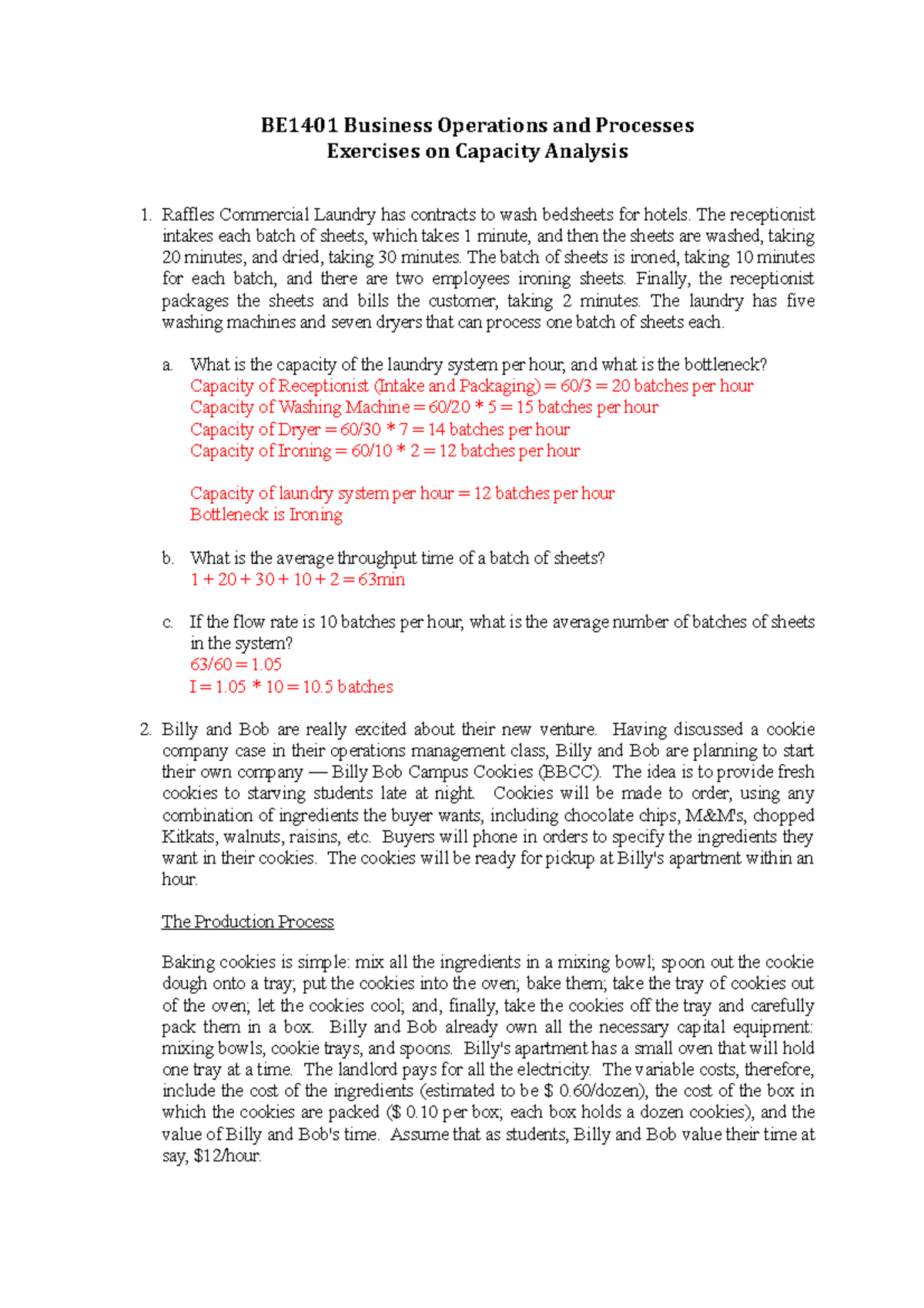 Exercises-capacity - Tutorial questions - BE1401 Business Operations and Processes Exercises on ...
