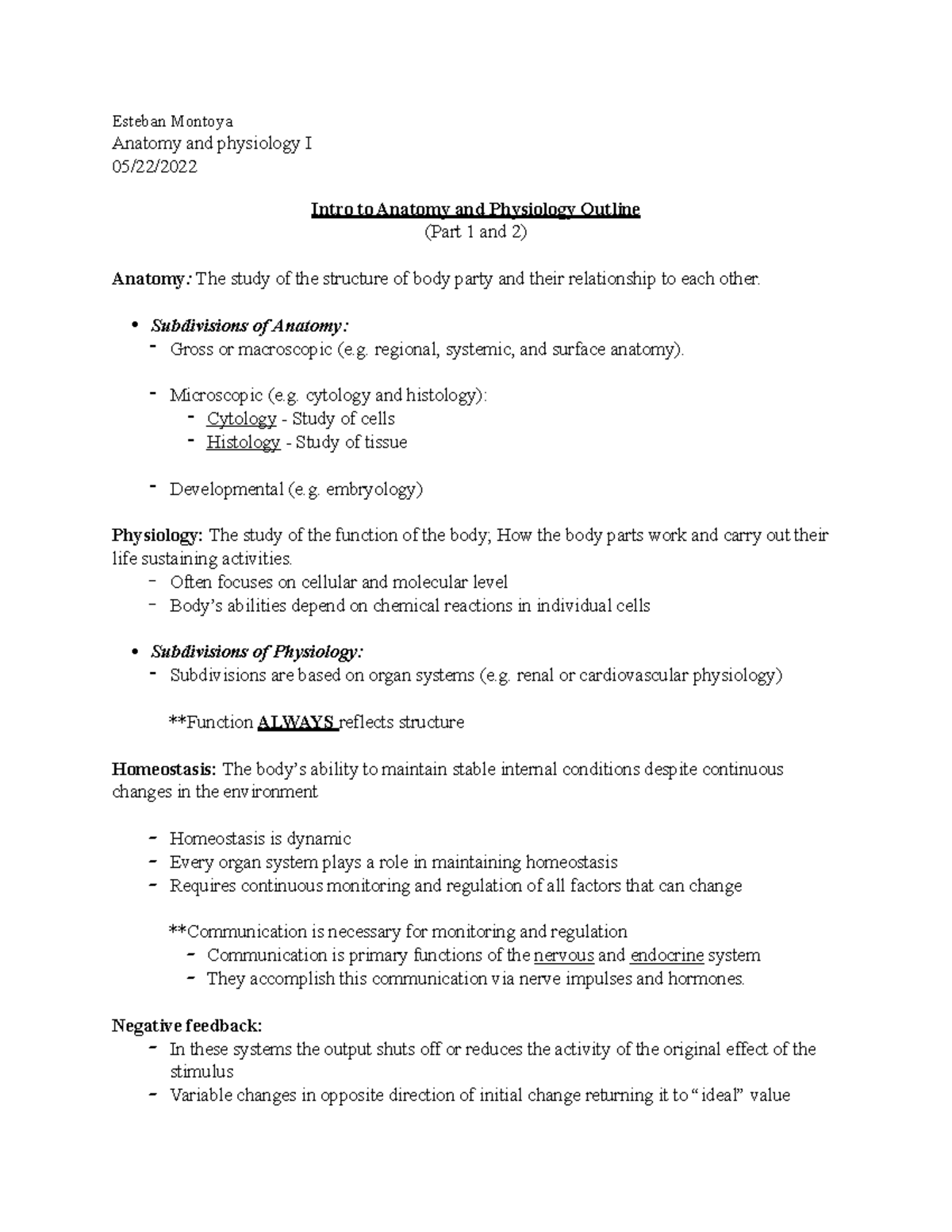 A&P EXAM 1 Outline - Esteban Montoya Anatomy and physiology I 05/22 ...
