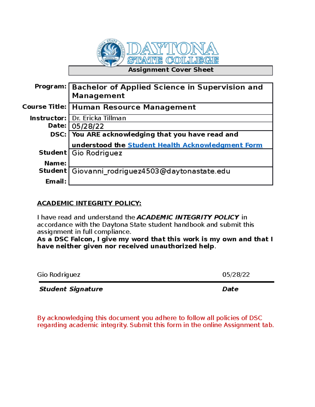HR Assignment #1 Manager Job Description - Assignment Cover Sheet ...