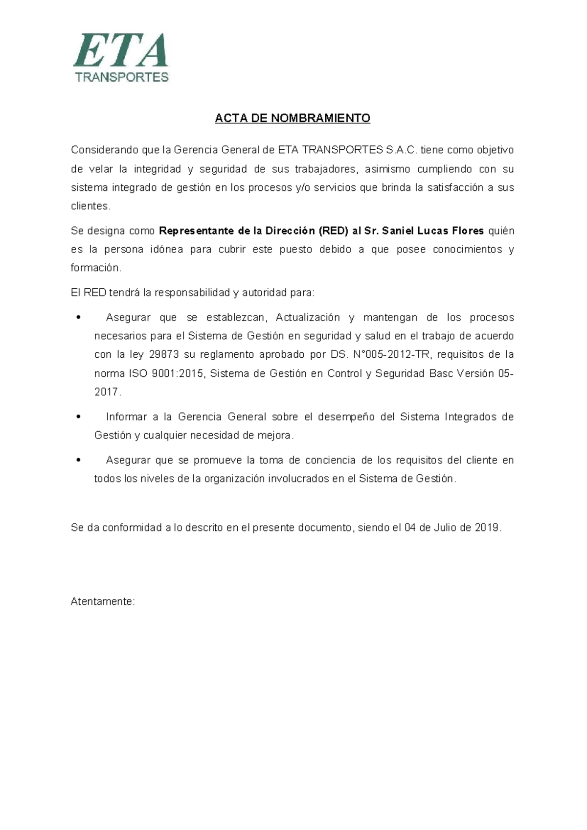 ACTA DE Nombramiento CAL 2019 - ACTA DE NOMBRAMIENTO Considerando que ...