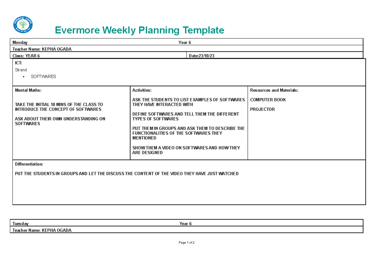 YEAR 6 Weekly PLAN ICT - Evermore Weekly Planning Template Monday Year ...