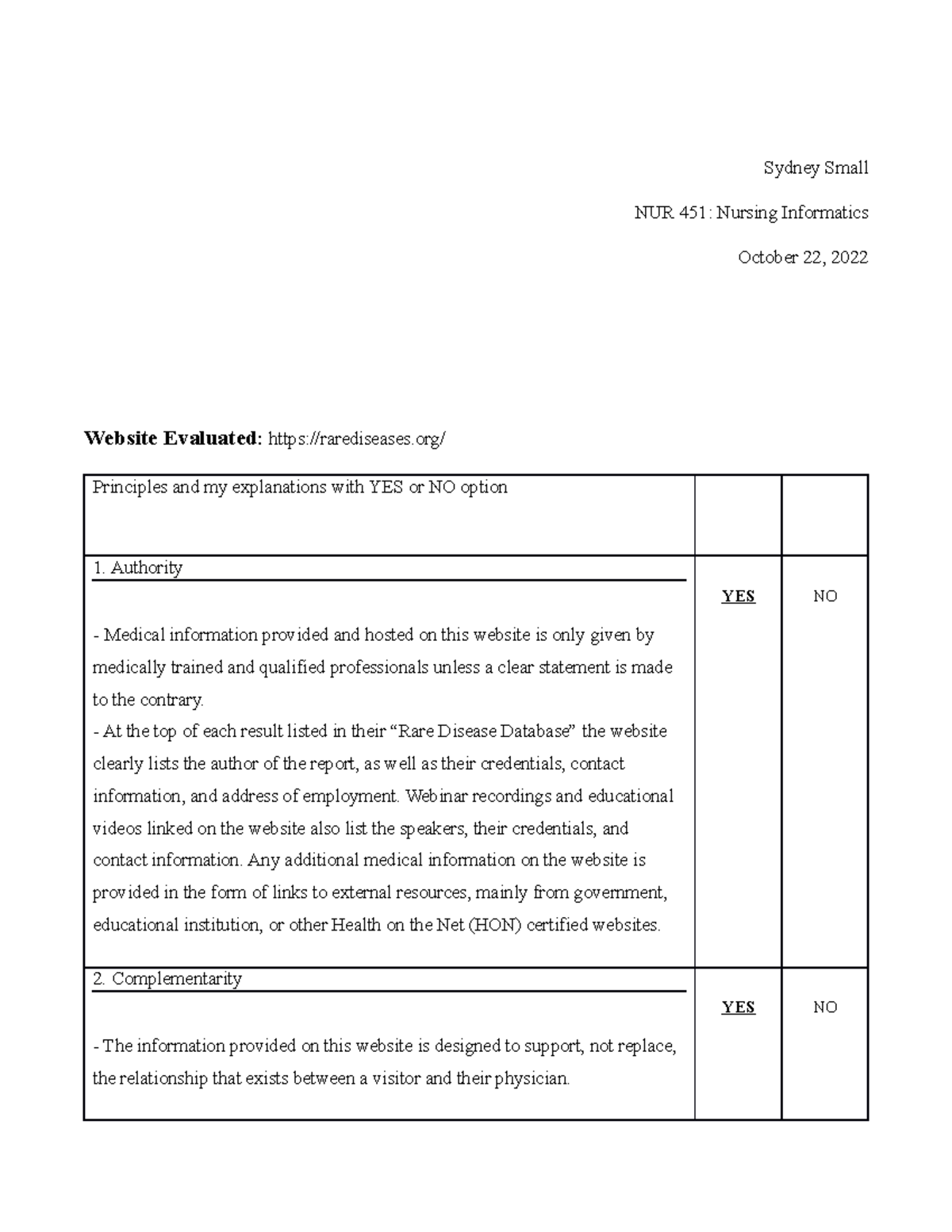 Website Evaluation - Professor A. Kappes Nursing Informatics and the Foundation of Knowledge ...