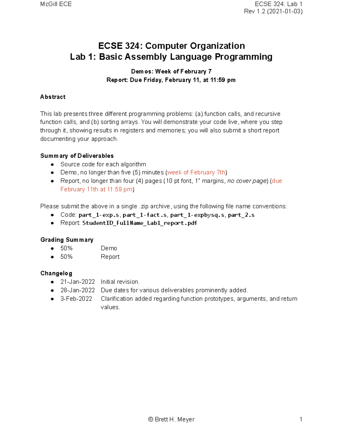 W22 ECSE 324 Lab 1 Basic Assembly - Rev 1 (2021-01-03) ECSE 324: Computer Organization Lab 1 ...