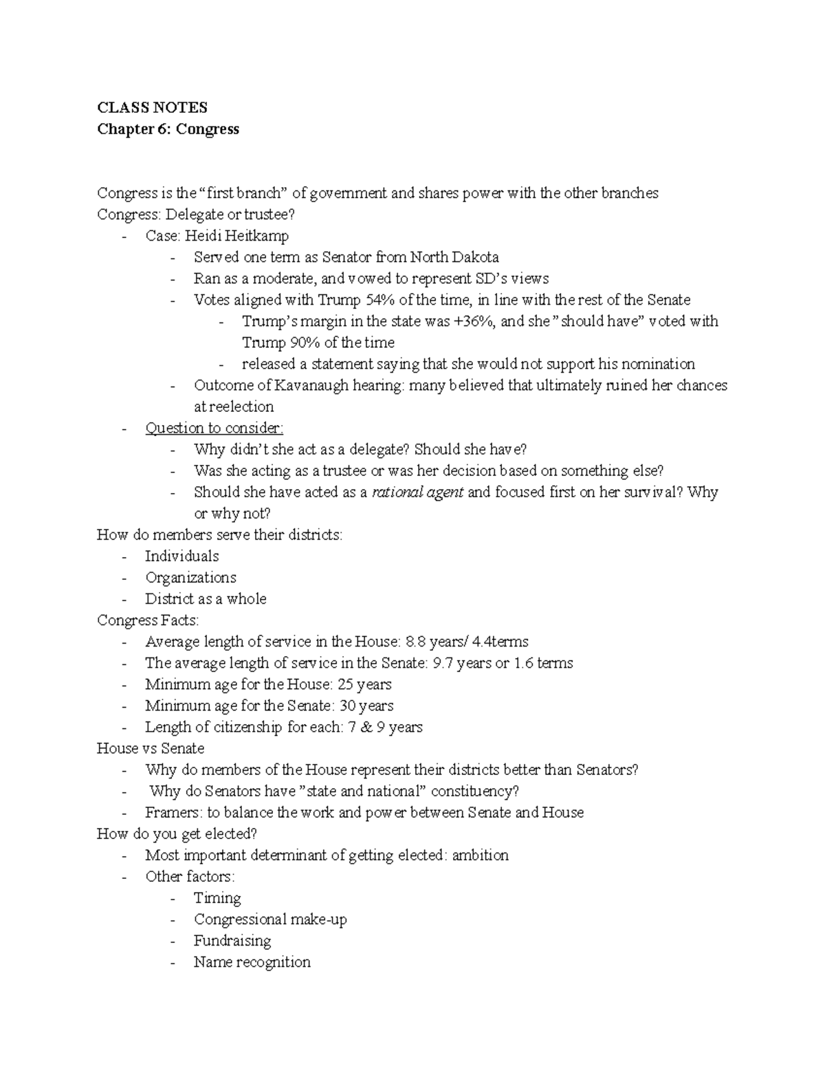 Chapter 6 Congress - Class notes - CLASS NOTES Chapter 6: Congress ...