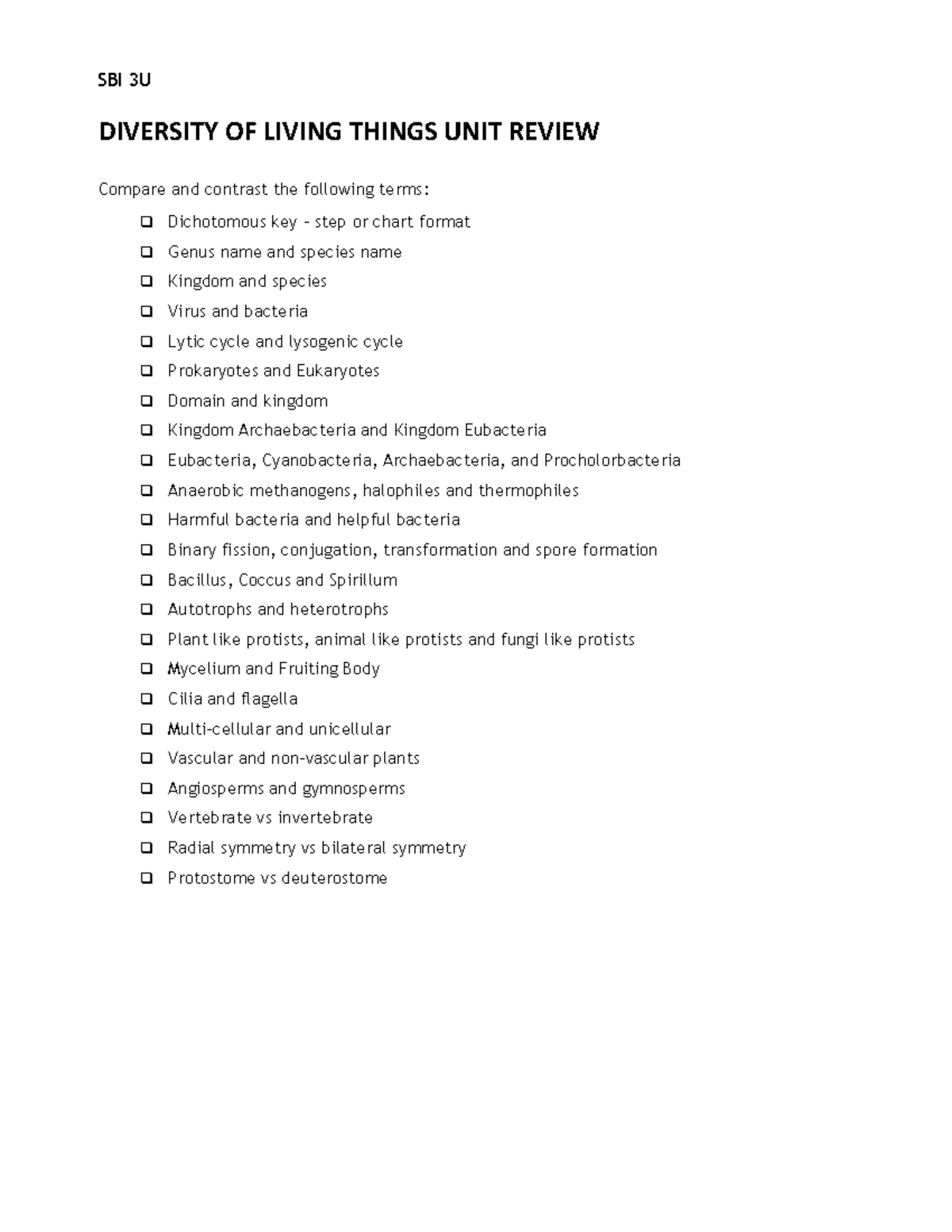 4.12.3 Diversity Unit Review - SBI 3U DIVERSITY OF LIVING THINGS UNIT ...
