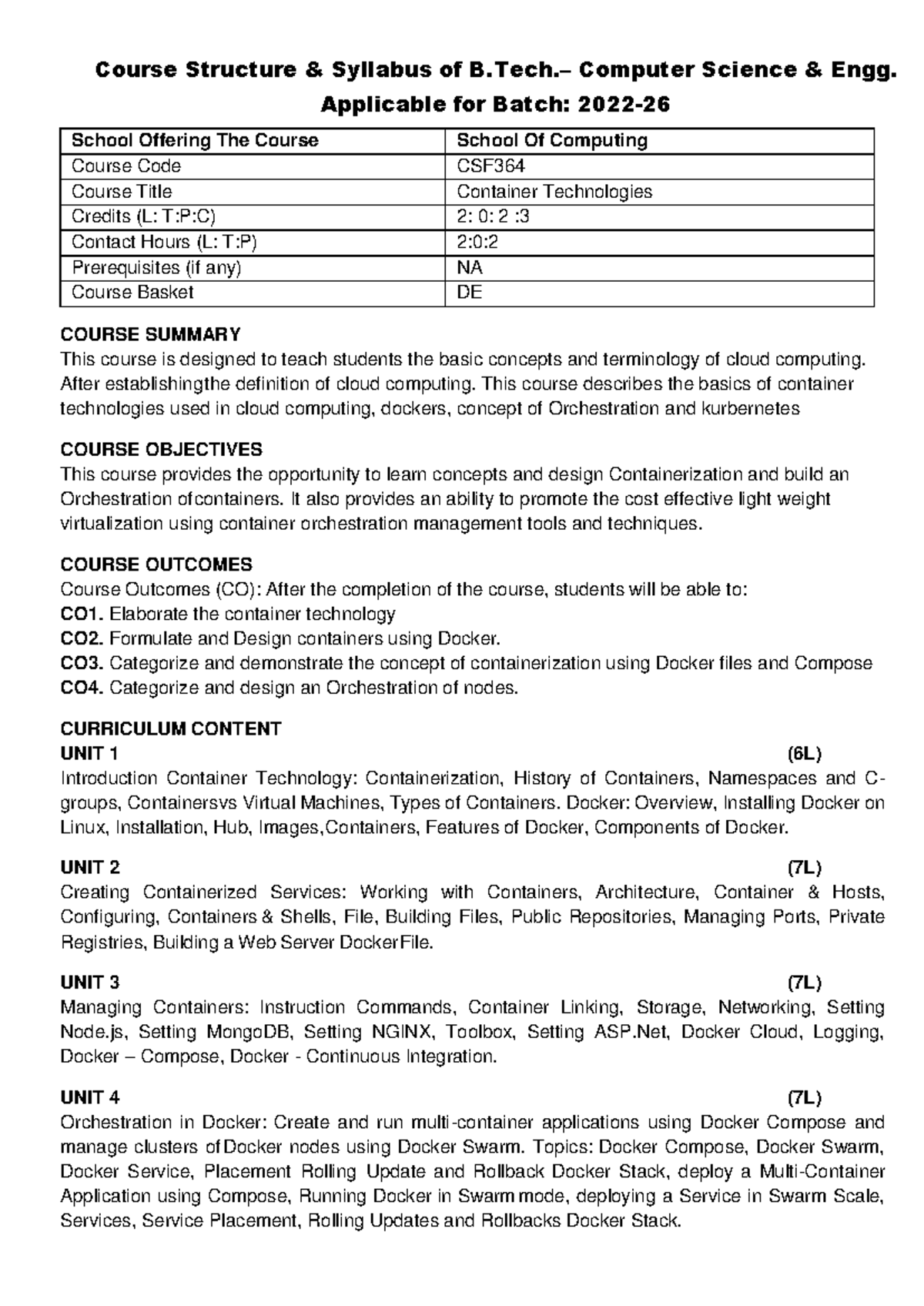 [Final] Syllabus Container Technology CSF364 - Course Structure & Syllabus of B.– Computer - Studocu