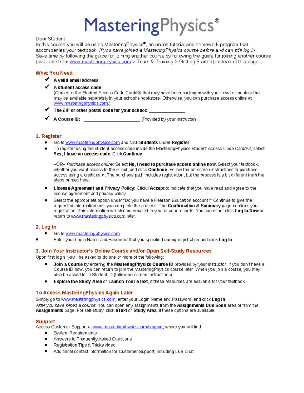 Mastering Physics FDOC - Dear Student: In this course you will be using ...