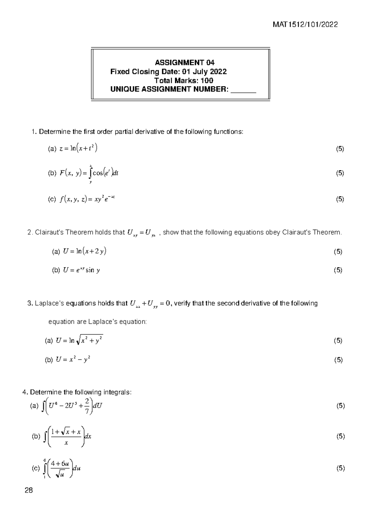 MAT1512 TL101 0 2022 Assignment 4 - 28 MAT1512/101/ Fixed Closing Date ...
