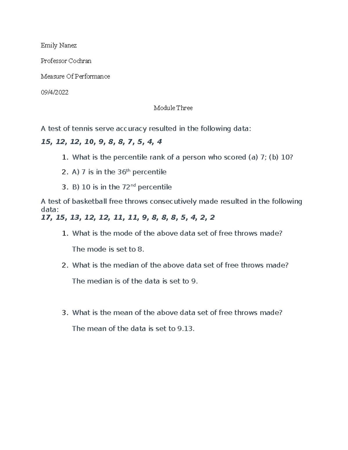 Emily Nanez stats 3 - Emily Nanez Professor Cochran Measure Of ...