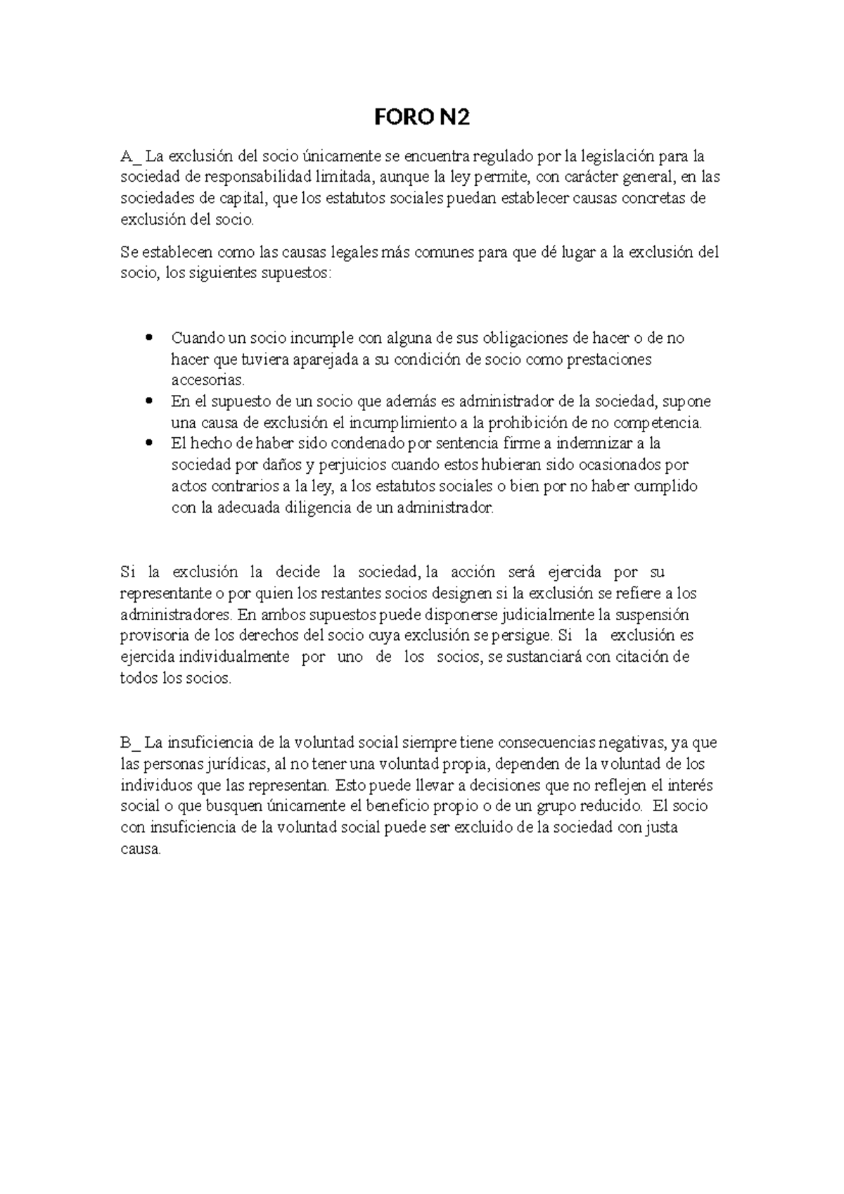 FORO N2 Personas Juridicas - FORO N A_ La exclusión del socio únicamente se encuentra regulado ...