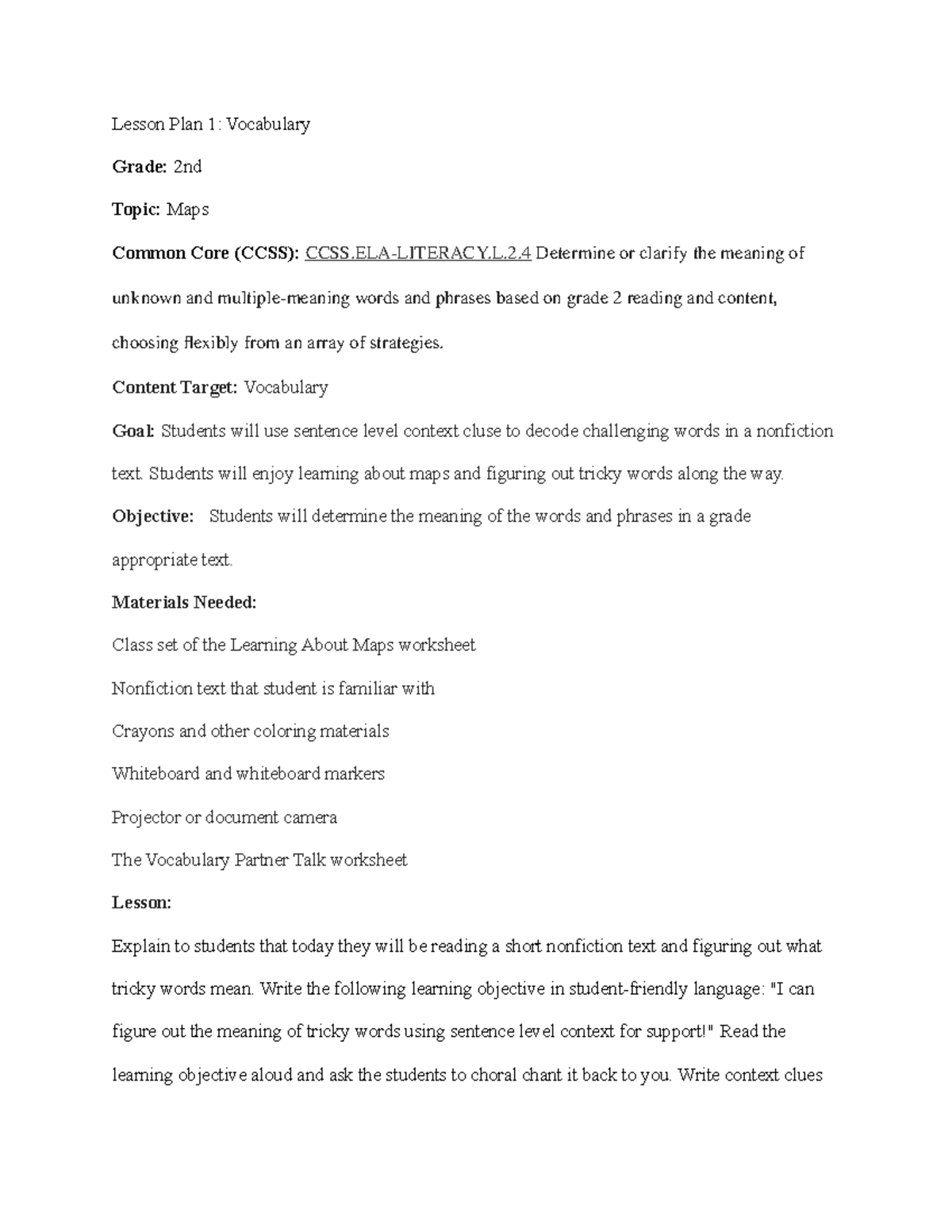 Lesson Plan 1-Vocabulary - Lesson Plan 1: Vocabulary Grade: 2nd Topic ...