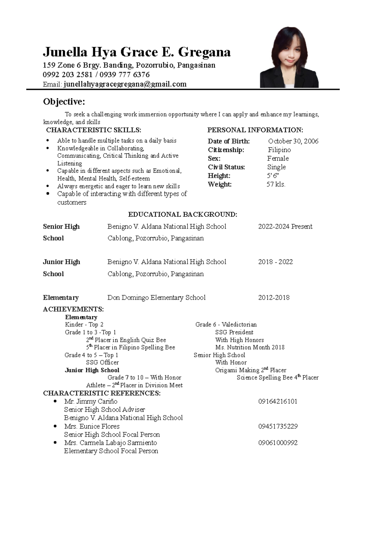 Resume-work-immersion - Junella Hya Grace E. Gregana 159 Zone 6 Brgy ...