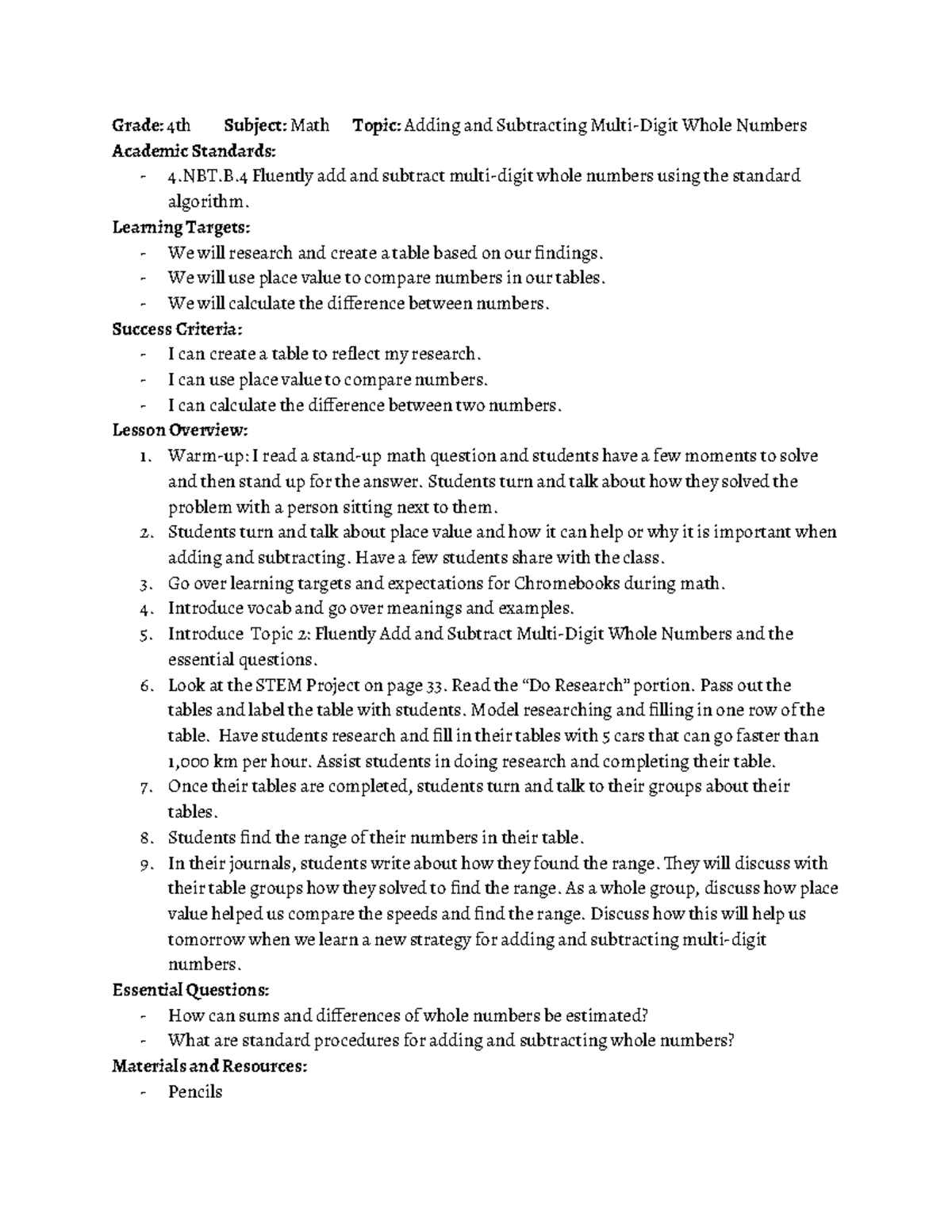 Math Lesson Plan Grade 4th Subject Math Topic Adding And