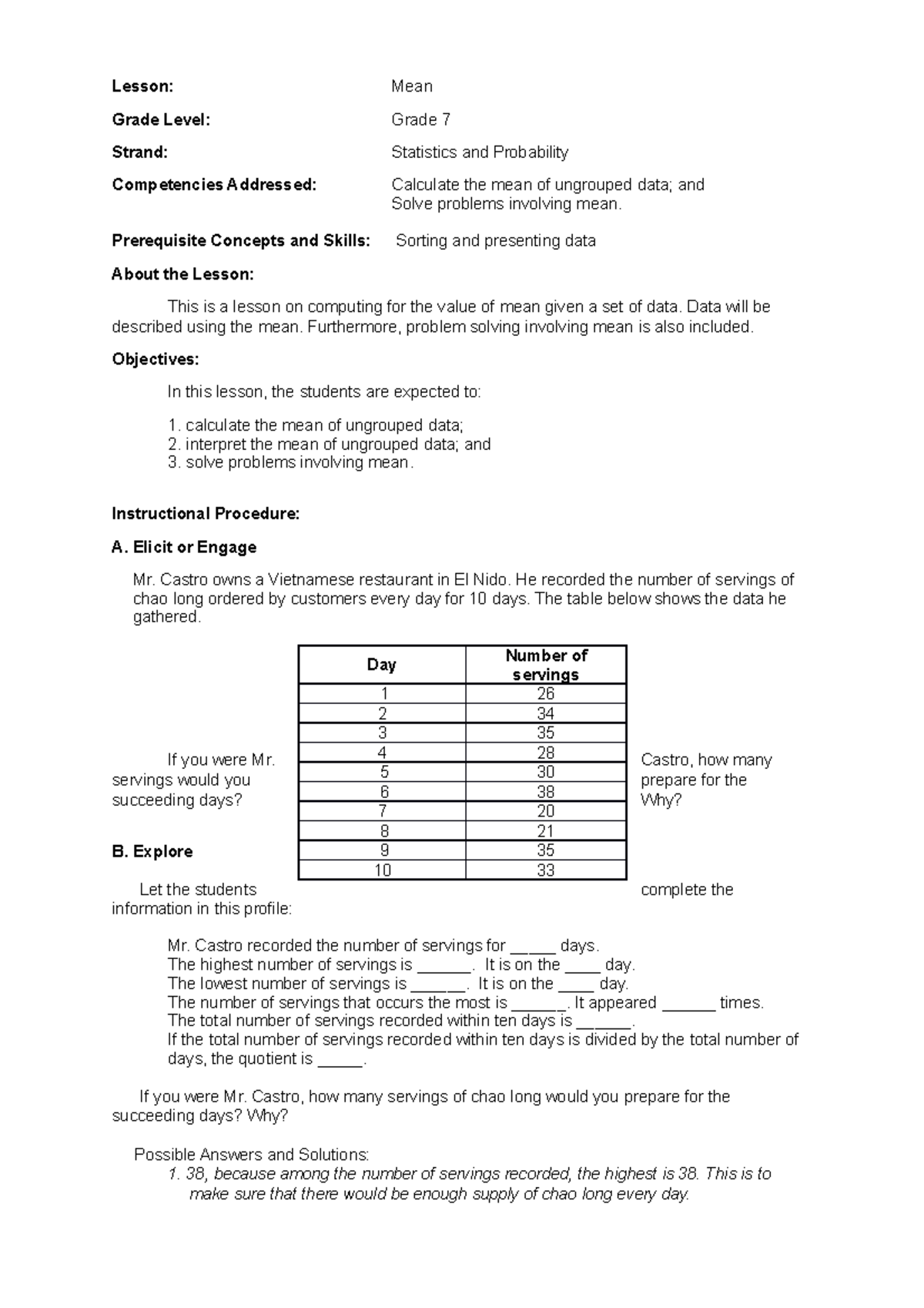 Lesson PLAN 2 chaolong - none - Lesson: Mean Grade Level: Grade 7 ...