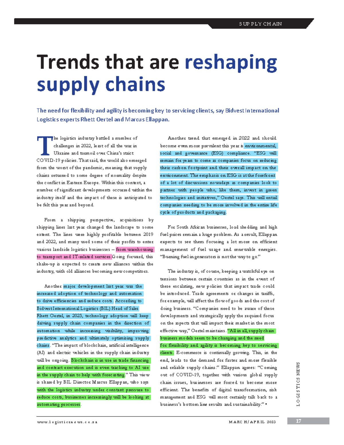 Trends that are reshaping the supply chain (Assignment 1 provided text) - w w w. l o g i s t i c ...