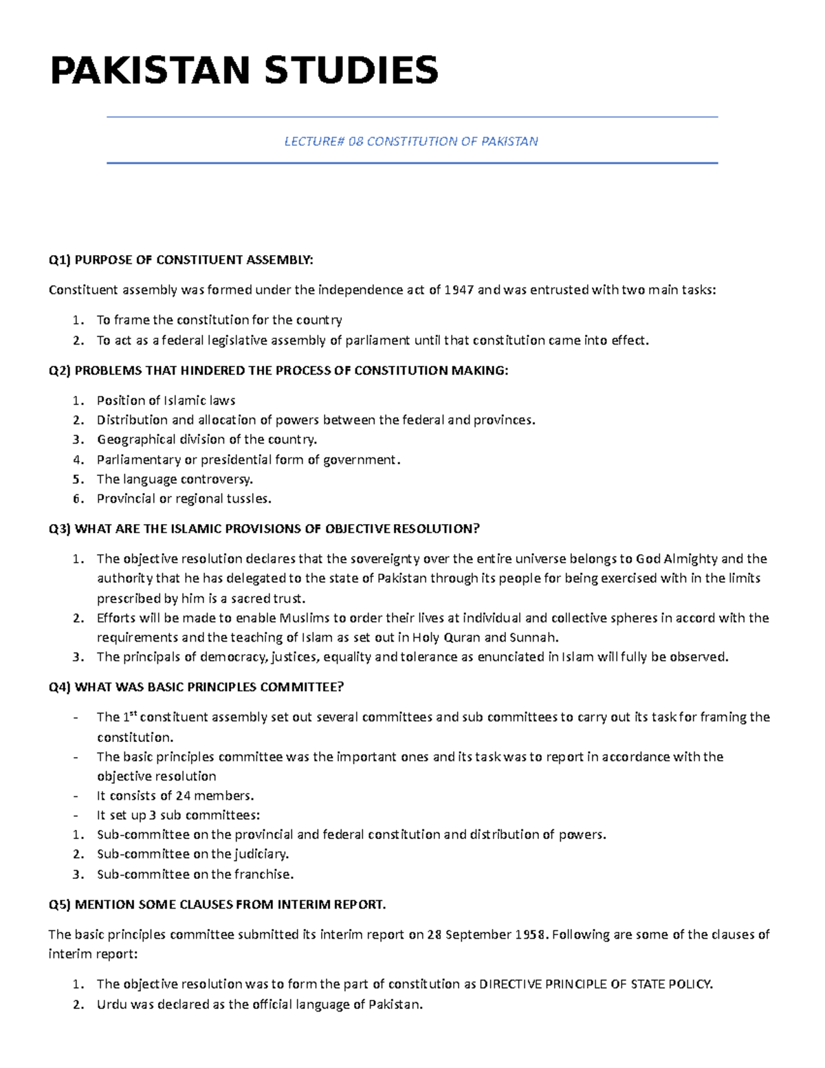 Pakistan Studies - contain possible short questions answers which might ...