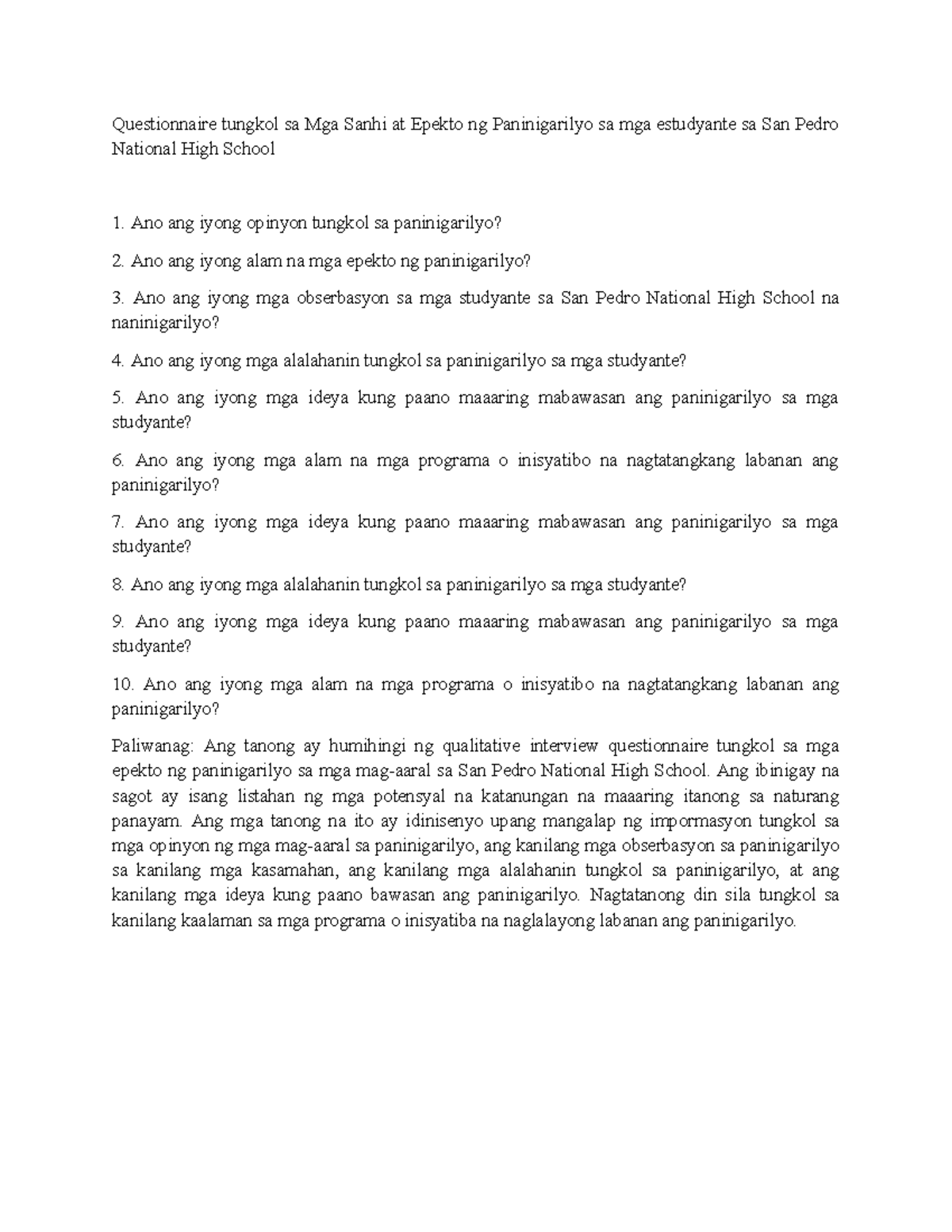 Questionnaire tungkol sa Ang Epekto ng Paninigarilyo sa mga ...