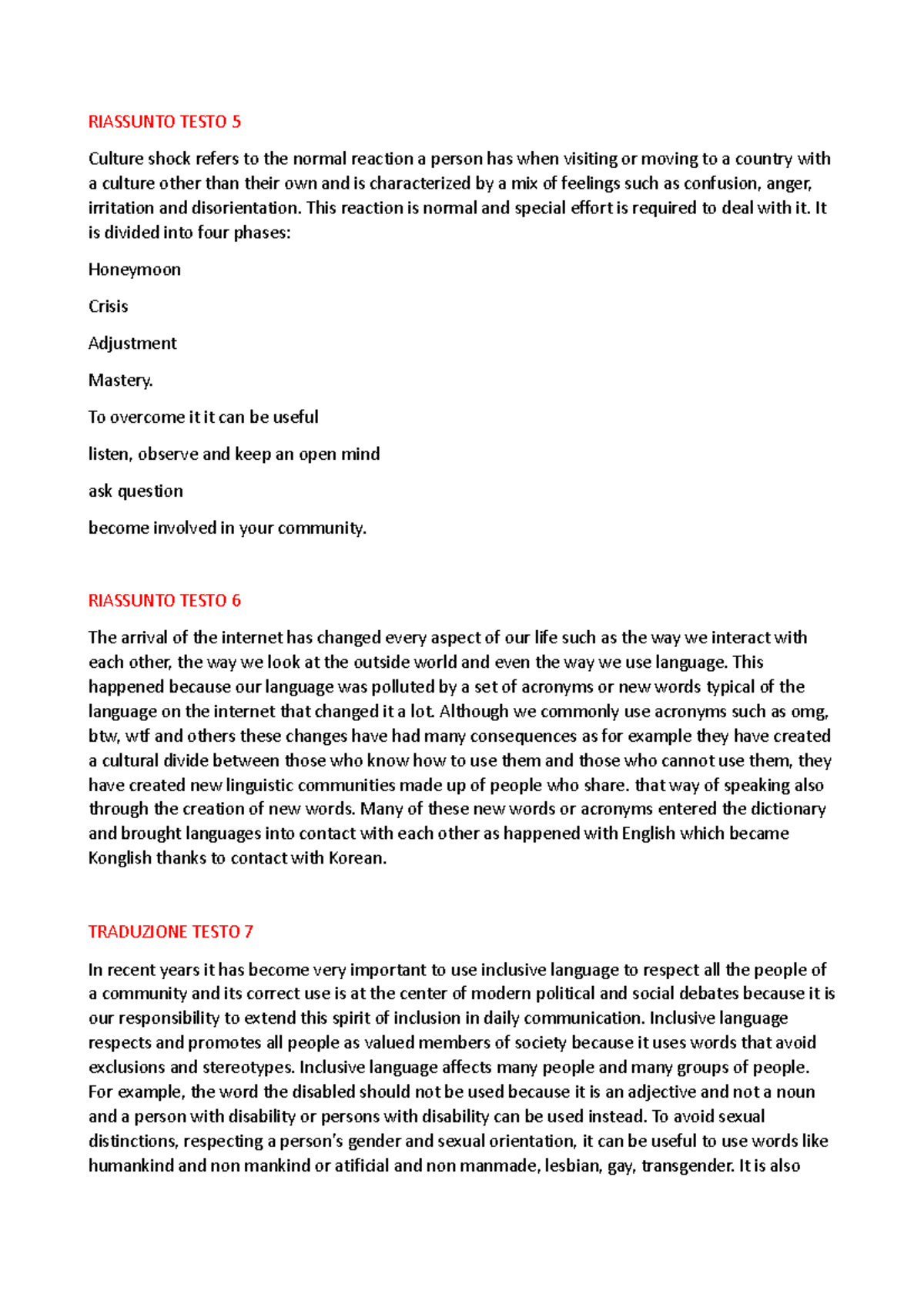 Riassunto Testo 5 - RIASSUNTO TESTO 5 Culture shock refers to the ...