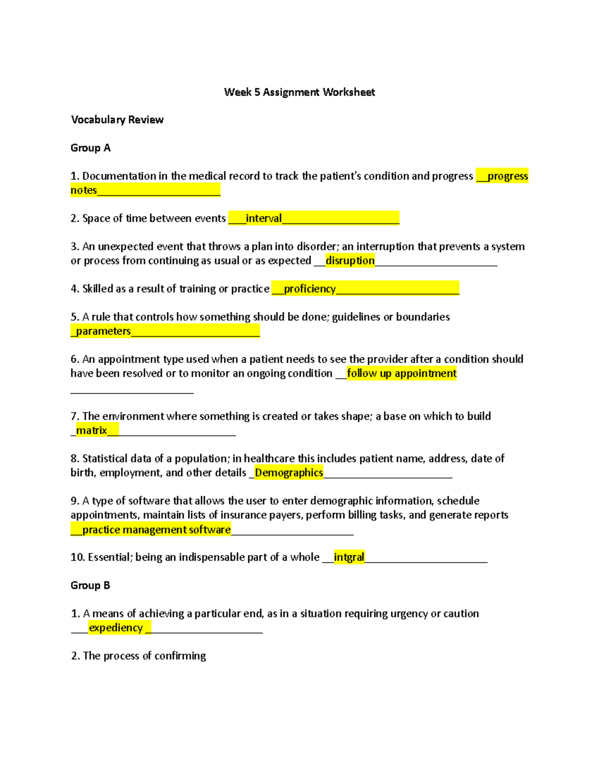 Week 5 Assignment Worksheet donee - Week 5 Assignment Worksheet Vocabulary Review Group A - Studocu