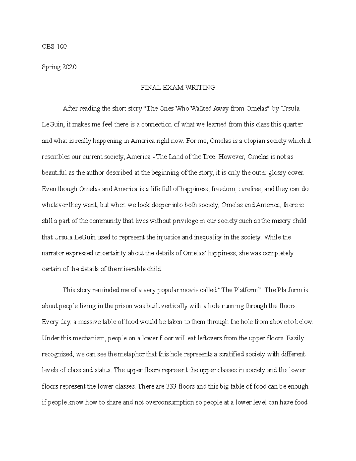 Final Exam Writing - CES 100 Spring 2020 FINAL EXAM WRITING After ...