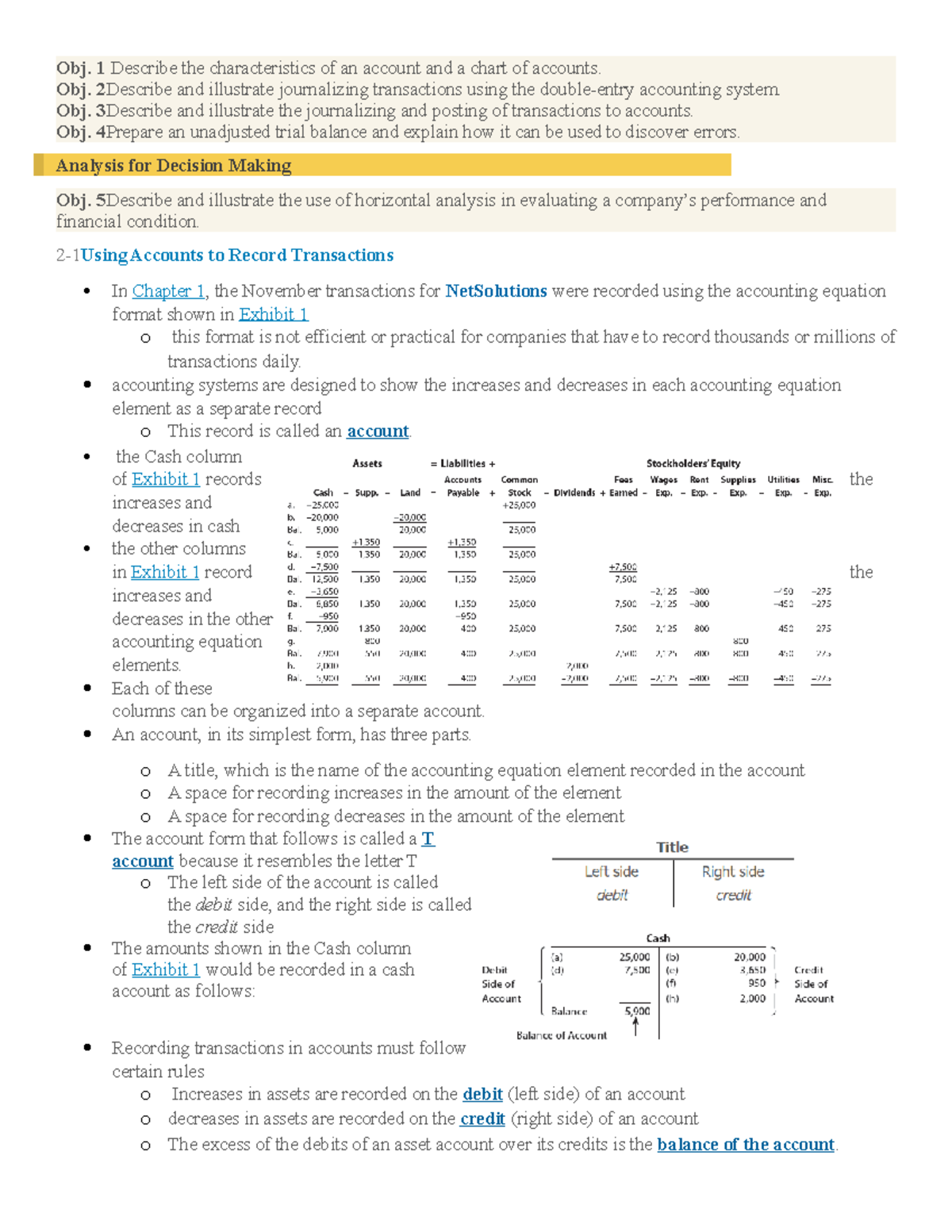 Chapter 2 notes - Obj. 1 Describe the characteristics of an account and ...