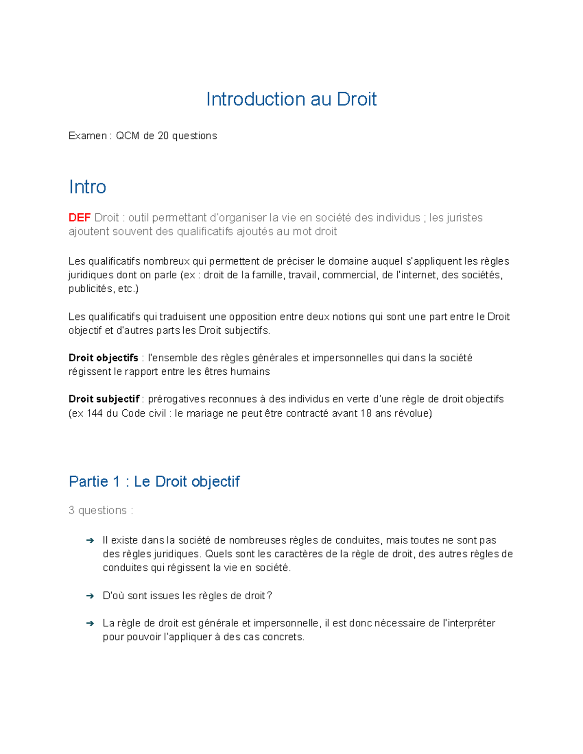 Introduction au Droit - Introduction au Droit Examen : QCM de 20 questions Intro DEF Droit ...