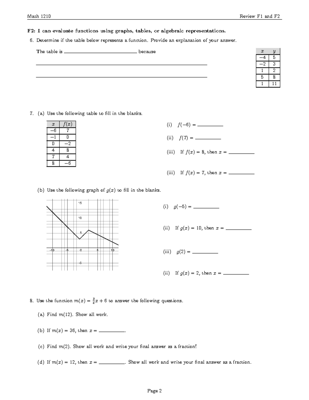Review F1 F2 (pg2) - Algebra practice worksheet. - Math 1210 Review F1 ...