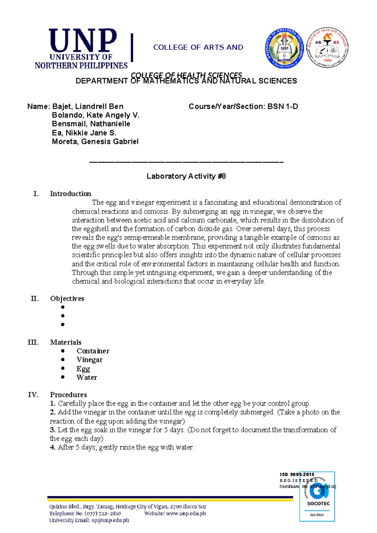 Lab-Activity-7 - lab report for egg - SCIENCES COLLEGE OF HEALTH ...