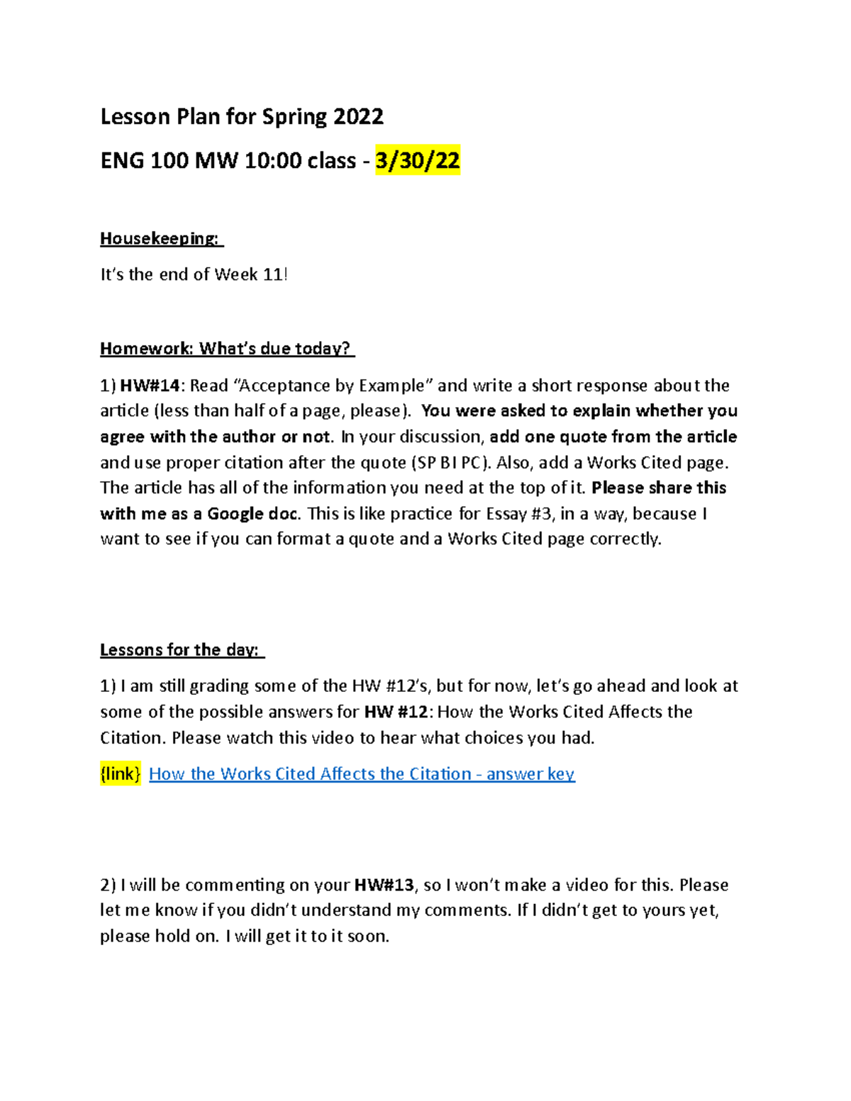 Spring 2022 Lesson Plan for ENG 100 MW 10 - 3-30-22 - Lesson Plan for Spring 2022 ENG 100 MW 10: ...