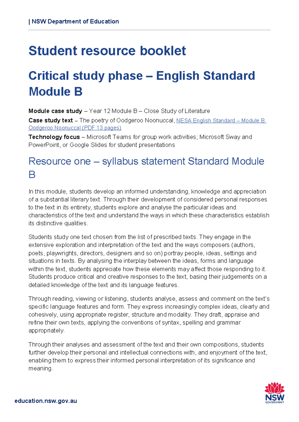 English standard module b critical study phase oodgeroo student booklet ...