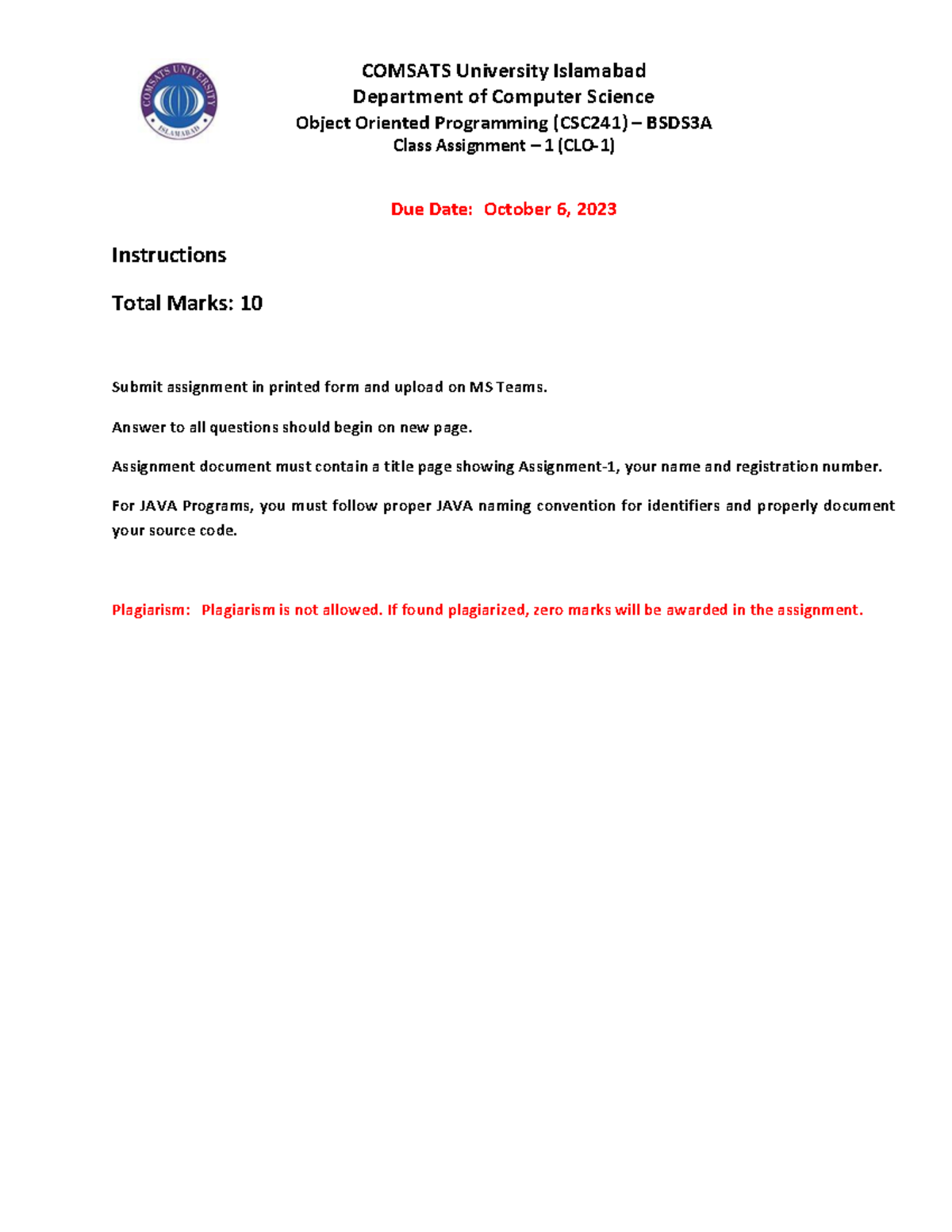 Class Assignment 1-FA23 - COMSATS University Islamabad Department of Computer Science Object ...