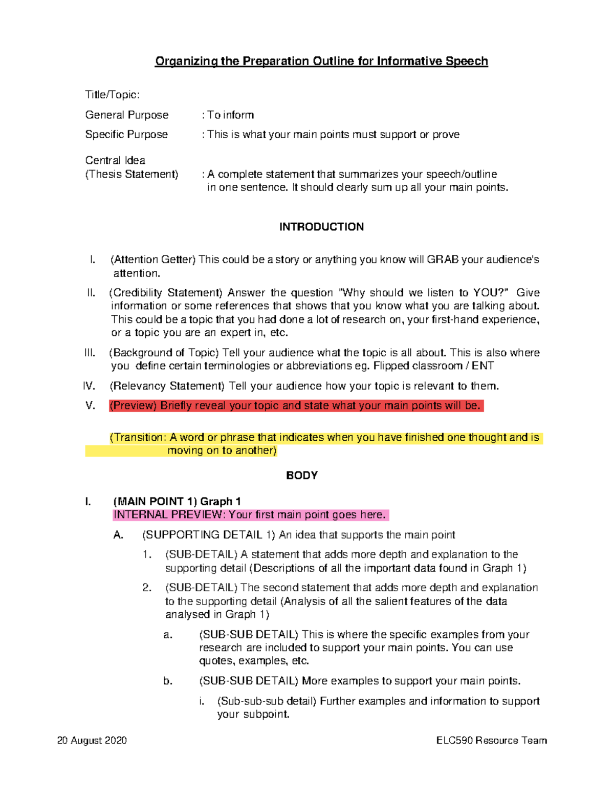 Organizing THE Preparation Outline ELC 590 - 20 August 2020 ELC590 ...