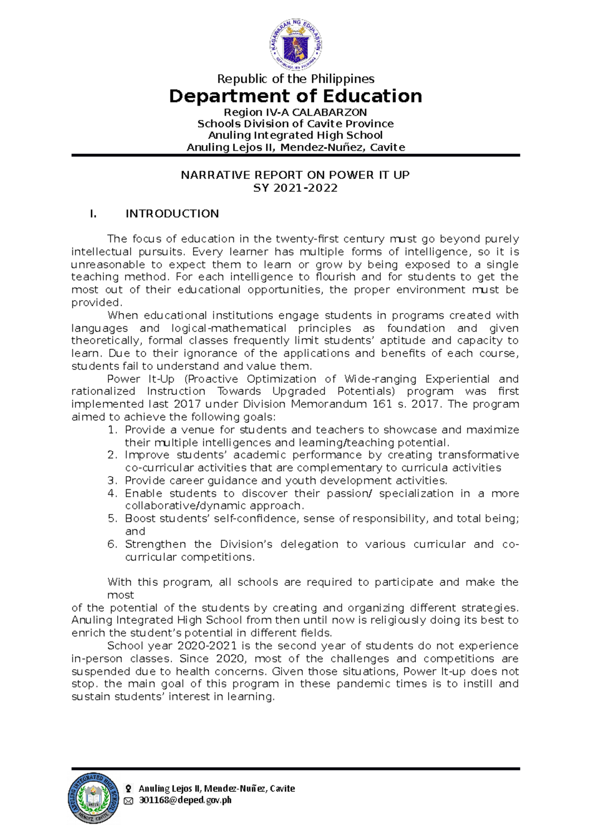 Narrative report - Department of Education Region IV-A CALABARZON ...