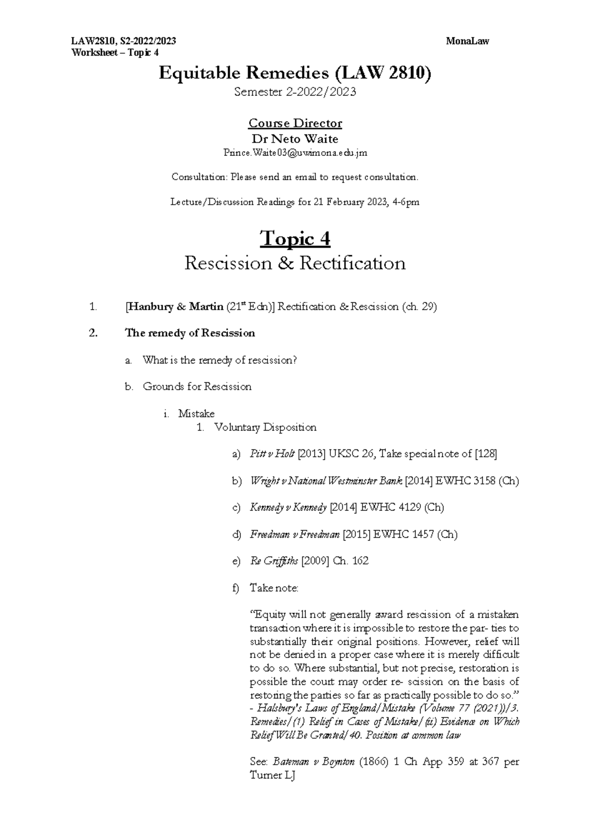 LAW2810 [S2-2023] Worksheet-Topic 4 - Equitable Remedies (LAW 2810 ...