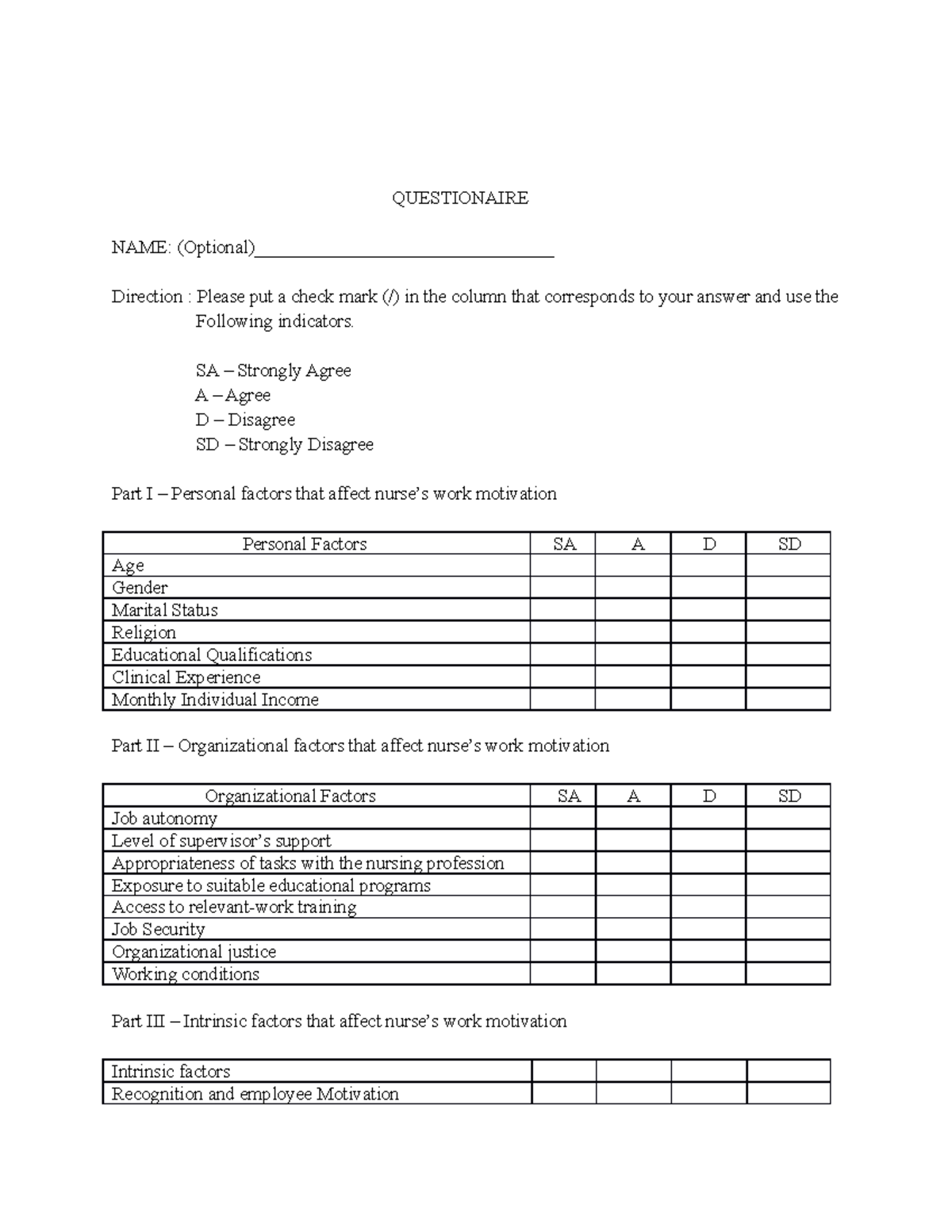 sample research questionnaires about motivation of nurses ...