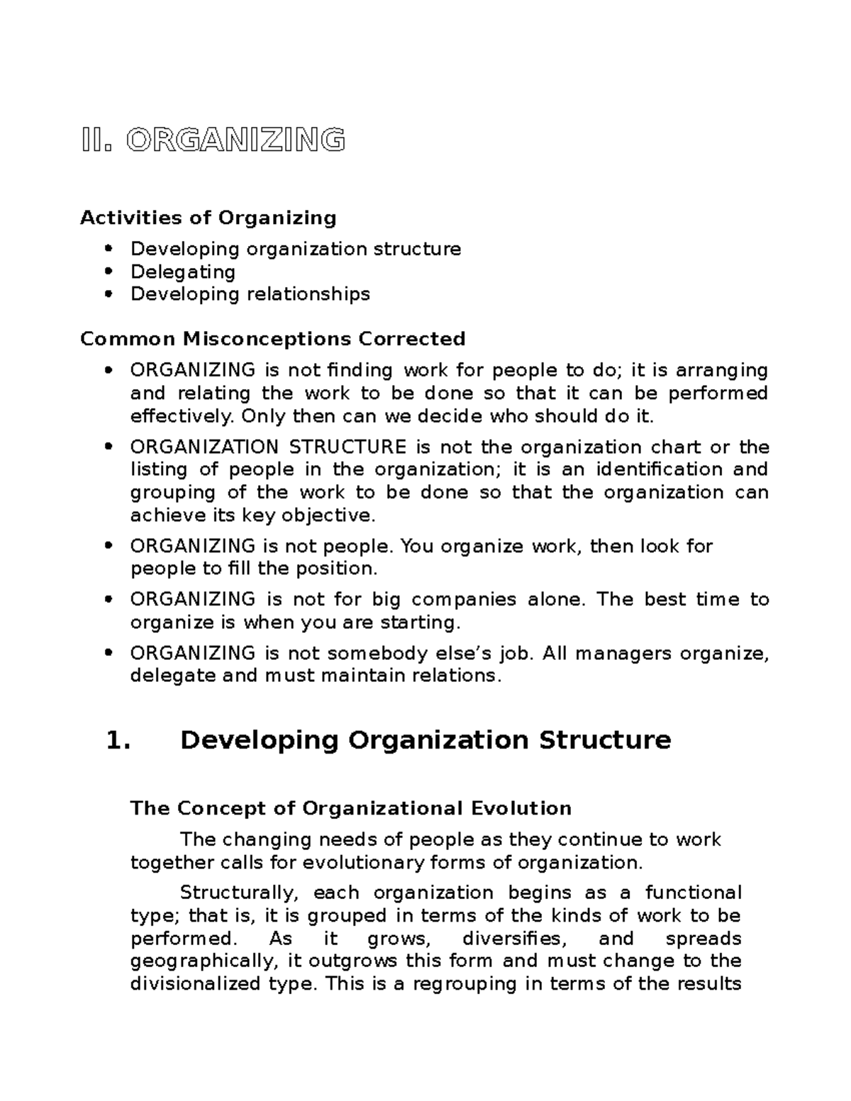 5th handout Organizing Function - II. ORGANIZING Activities of Organizing Developing ...