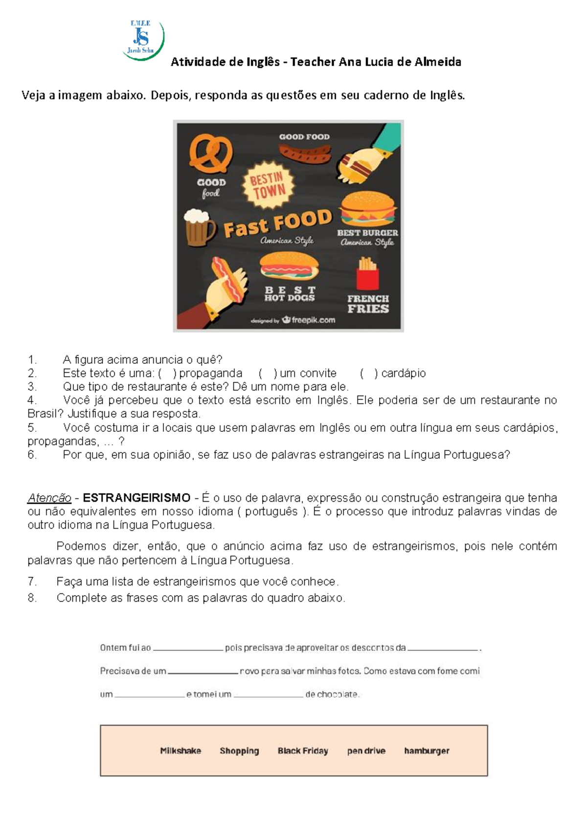 01 03 6AB e 7AB Estrangeirismo - Atividade de Inglês - Teacher Ana ...