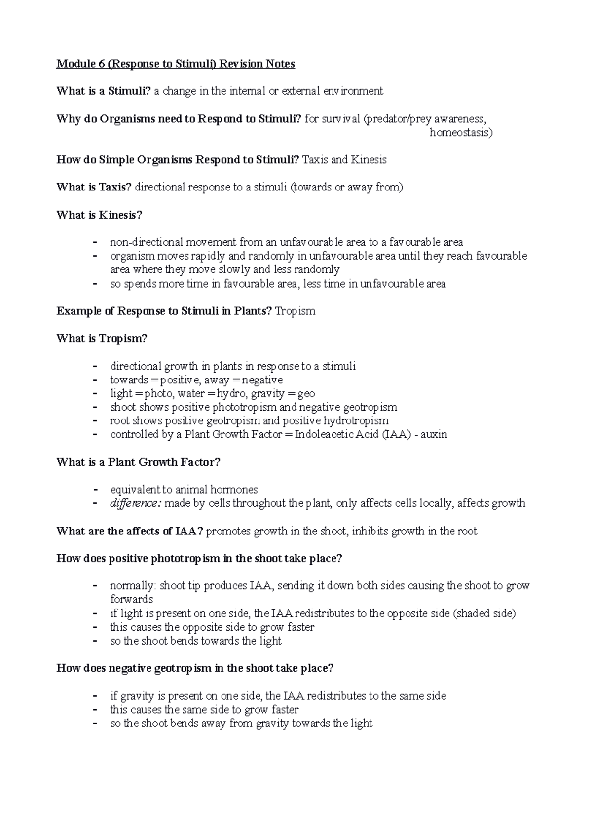 AQA Module 6 Revision Notes - Module 6 (Response to Stimuli) Revision ...