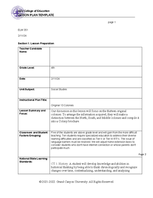 Topic 6 ELM 351 - lesson plan - LESSON PLAN TEMPLATE Section 1: Lesson ...